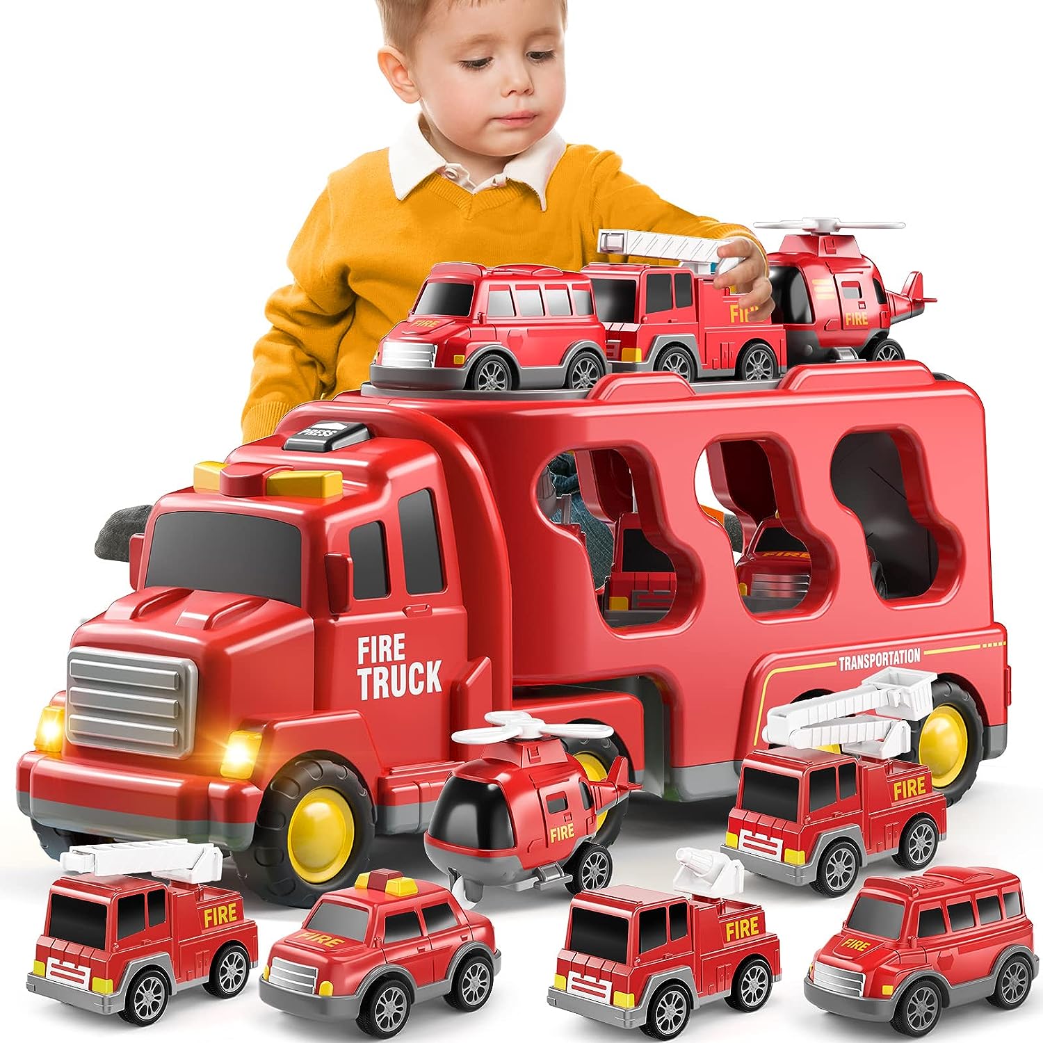 Set masinute de pompieri Bedee, camion mare rosu, 6 masini mici, sunet ...