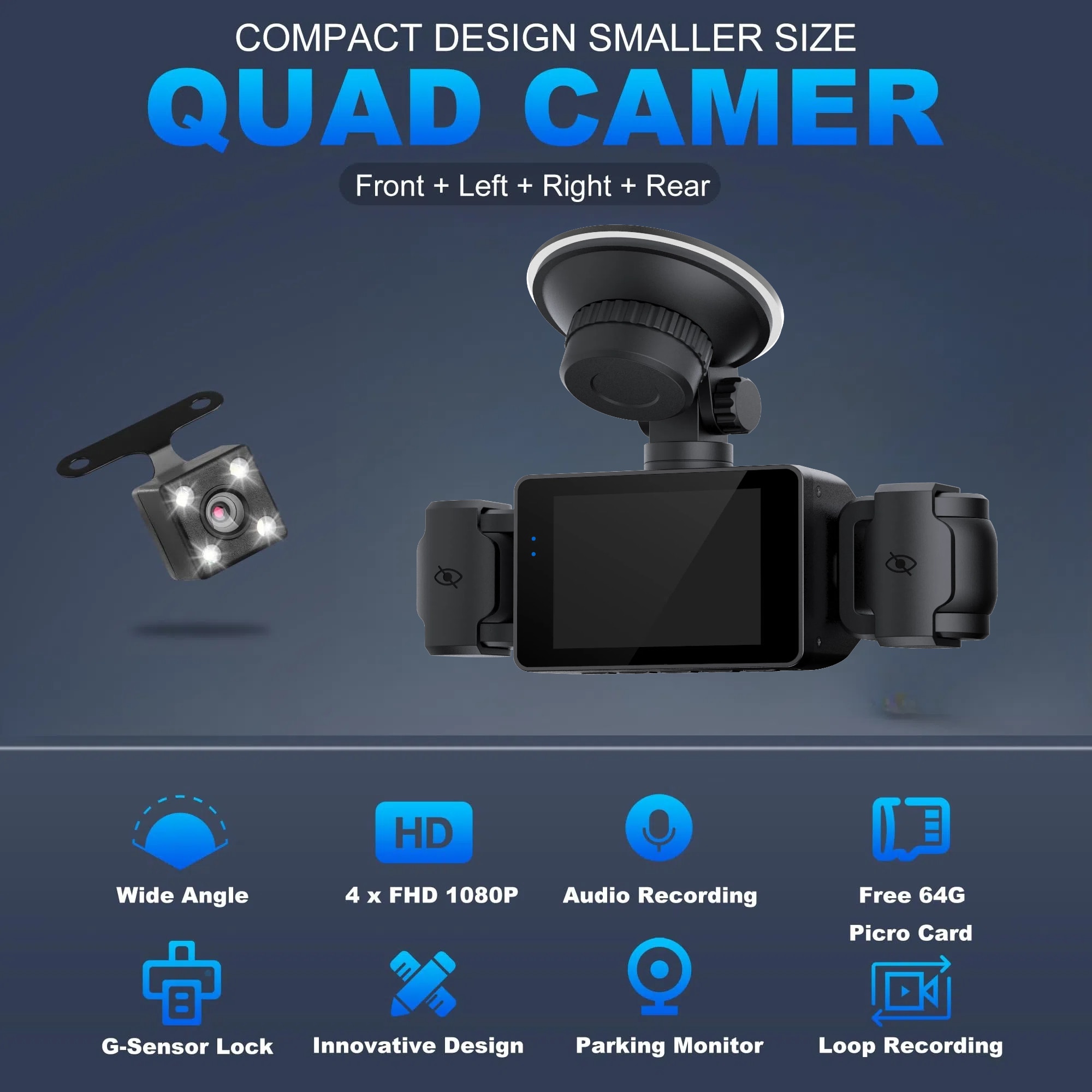 Camera auto DVR 360, 4 canale, FHD 1080P, noapte, 64GB card SD inclus ...