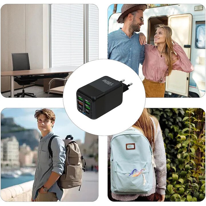 Statie de incarcare 6-in-1, 150W, 2 porturi Type-C, 4 porturi USB-A ...