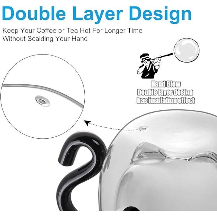 Cana, sticla borosilicata, pereti dubli, transparent/negru, 280ml - eMAG.ro