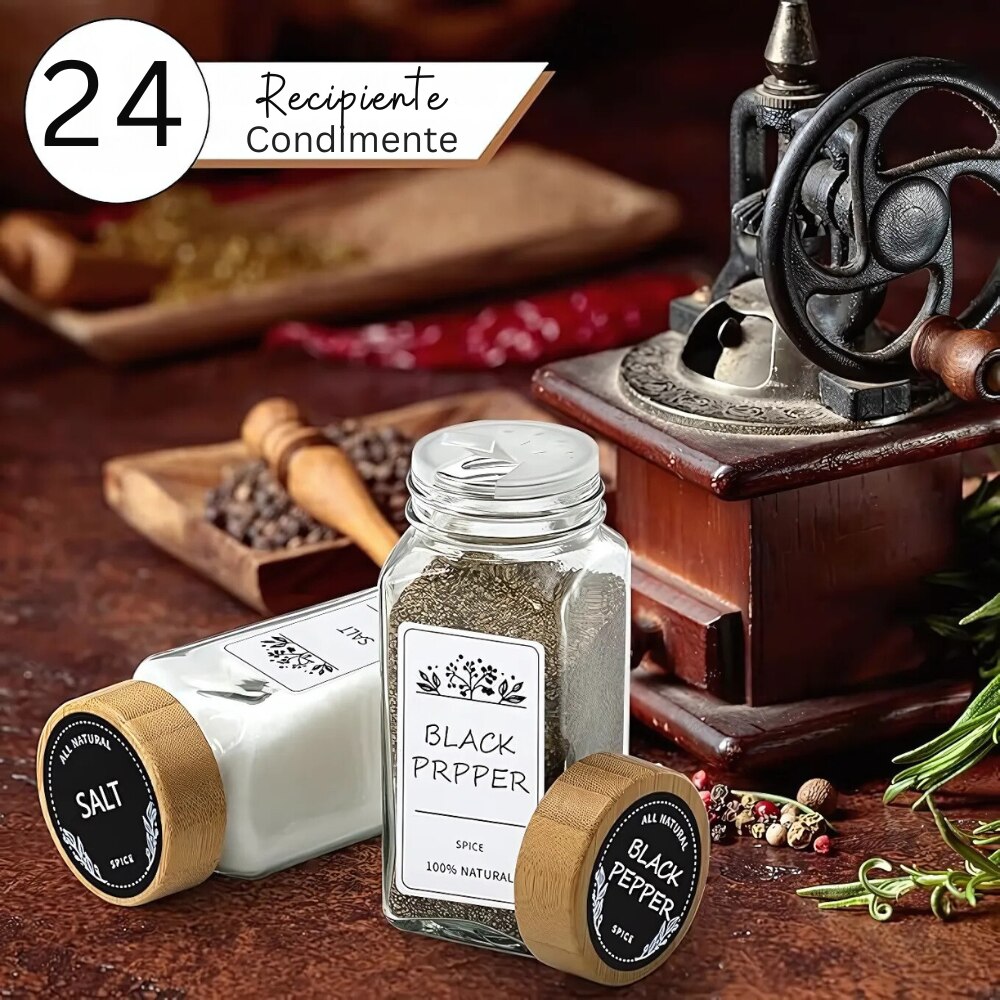 Set Recipiente Condimente cu capace din Bambus JOZY®, 24 de borcane de ...