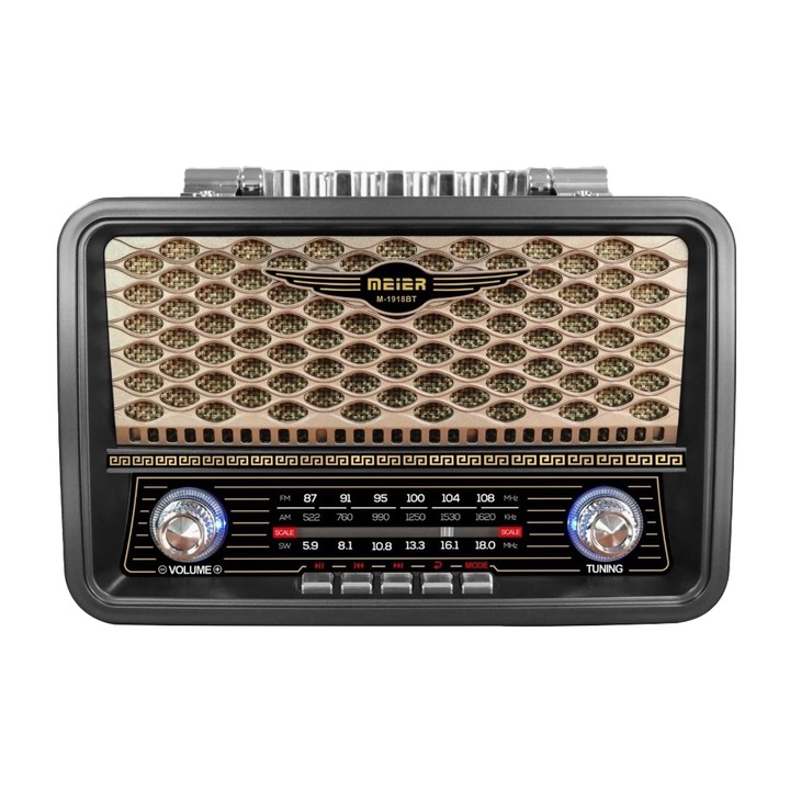 Radio portabil, E-kam, Meier M-1918BT, 3 benzi Am FM Sw, Card TF Player MP3, Reincarcabil ...