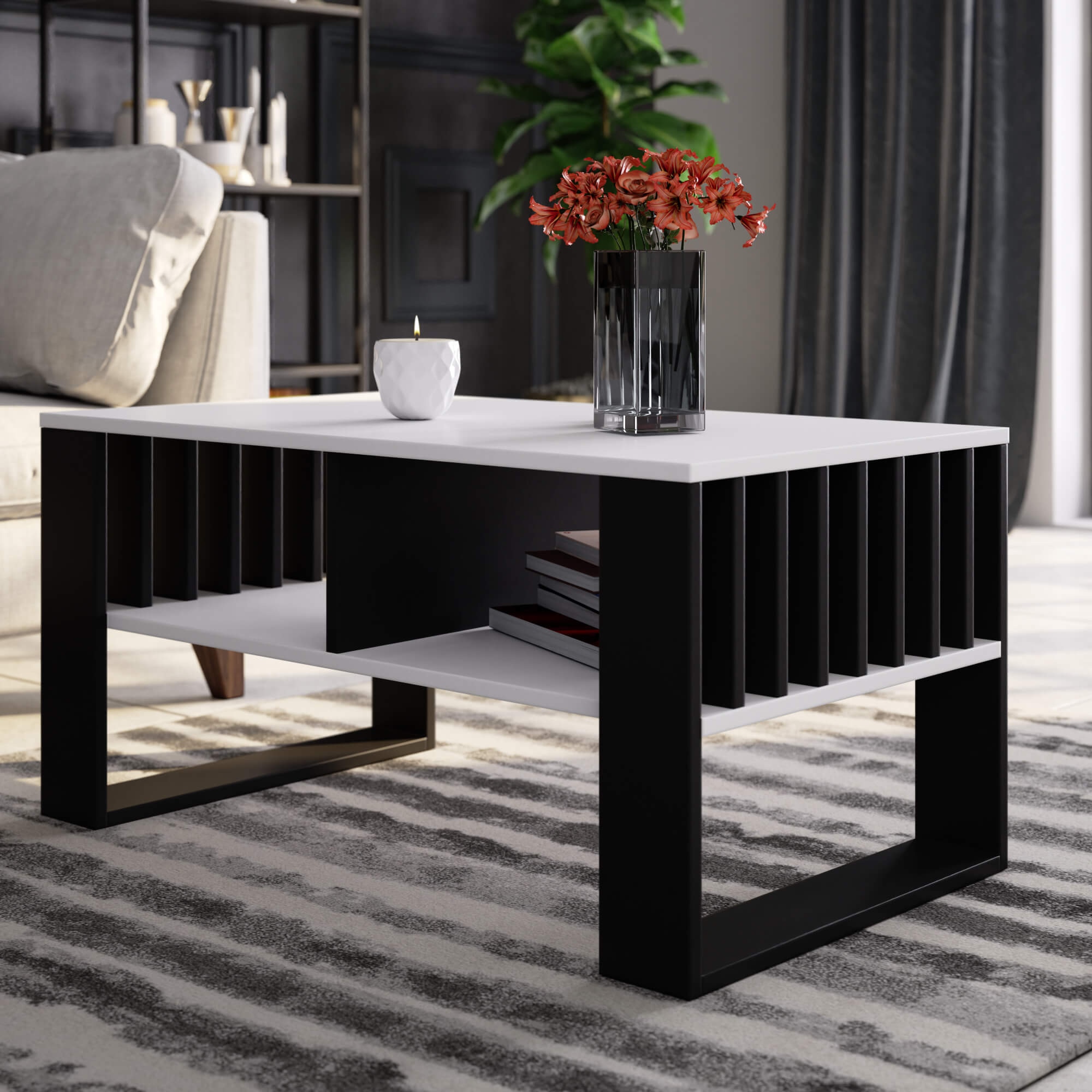 Masuta de cafea moderna pentru living, ROCKFORD, Alb/Negru - eMAG.ro