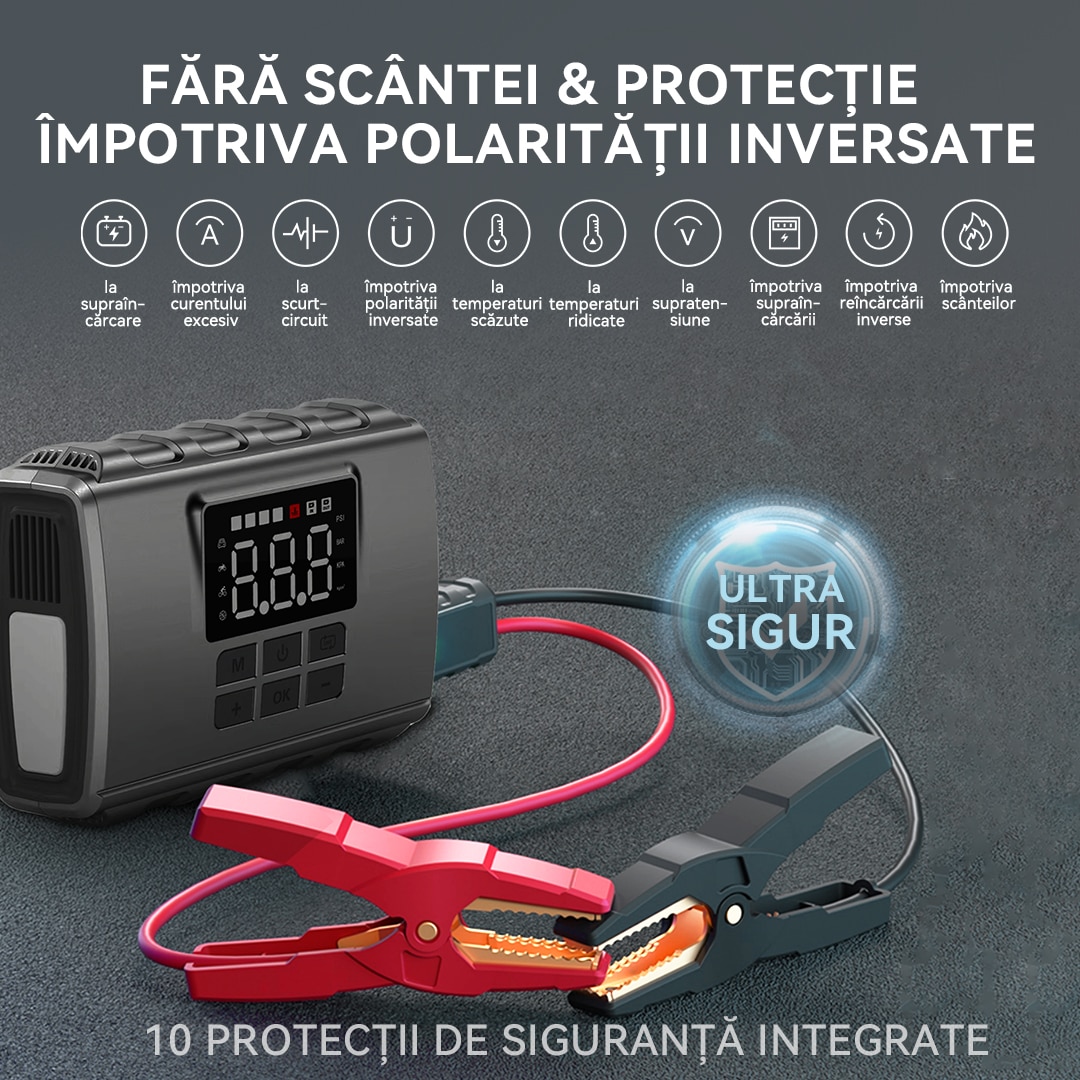 Starter auto portabil cu compresor de aer 1000A, 10000mAh Redresor ...