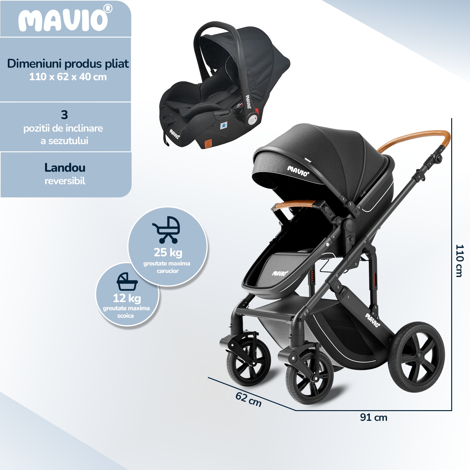 Carucior 3 in 1 pentru Bebelusi Mavio® Adventure, Landou Reversibil ...