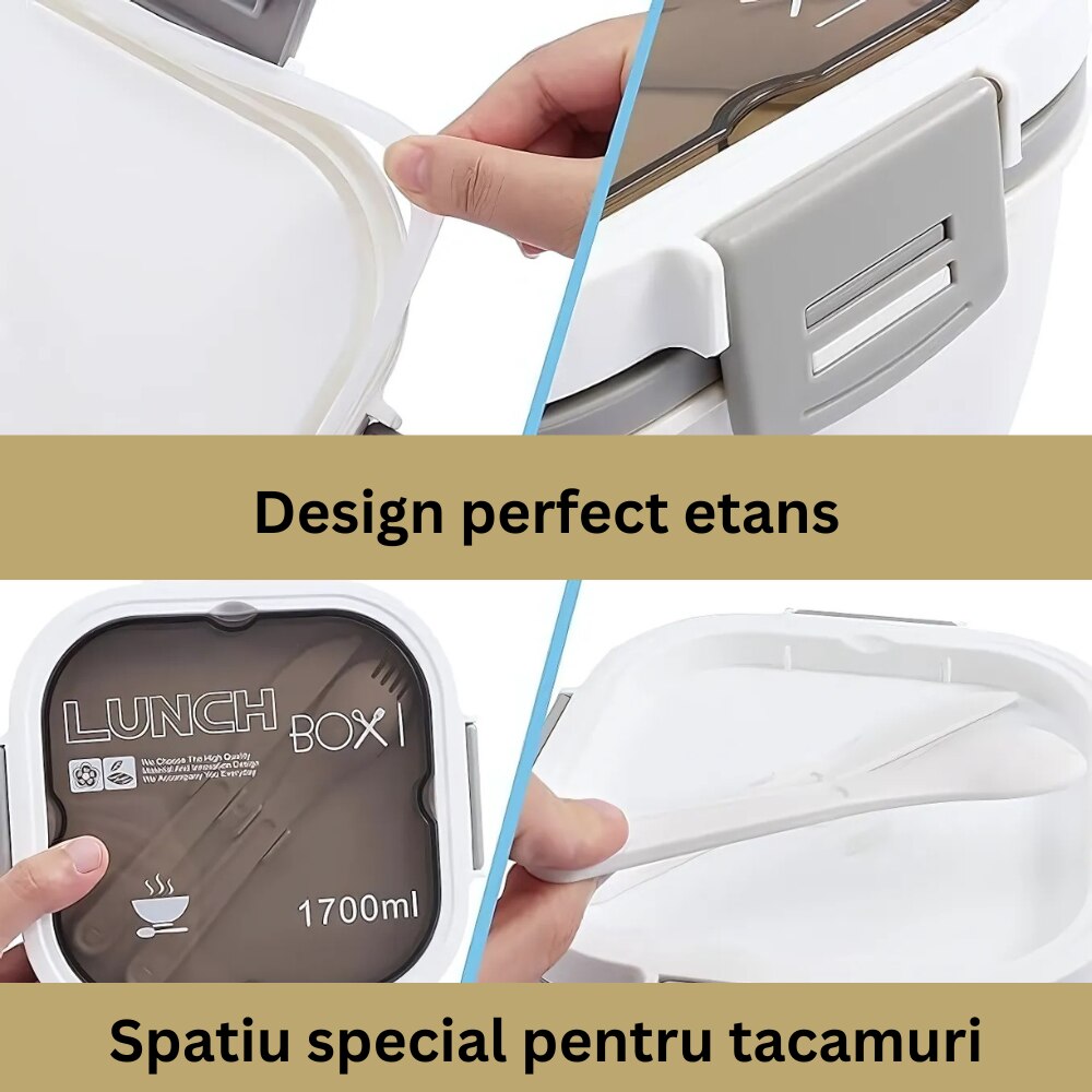 Caserola pentru Pranz JOZY®, Fara BPA, cu furculita si cutit, 18x18x11 ...