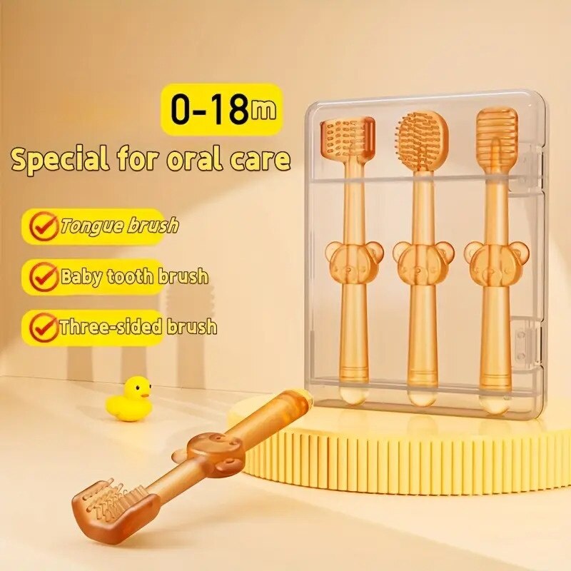 Set 3 periuta de dinti pentru bebelusi, fara BPA/PVC, Include recipient ...