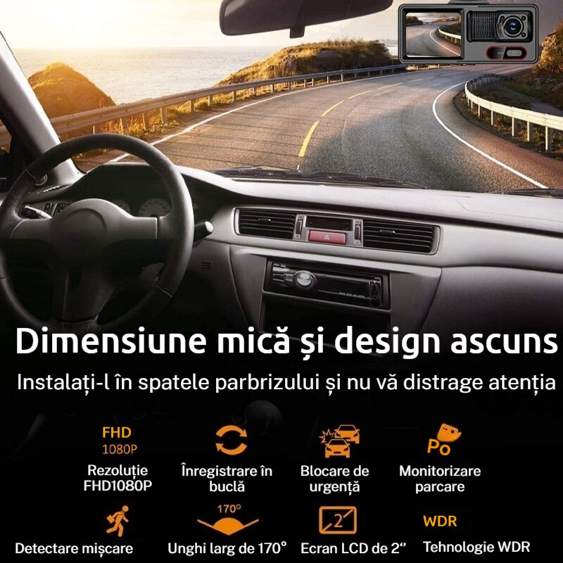 Camera auto DVR Fudisenn®, Full HD 1080p, 3 lentile, WiFi, 170°, card ...