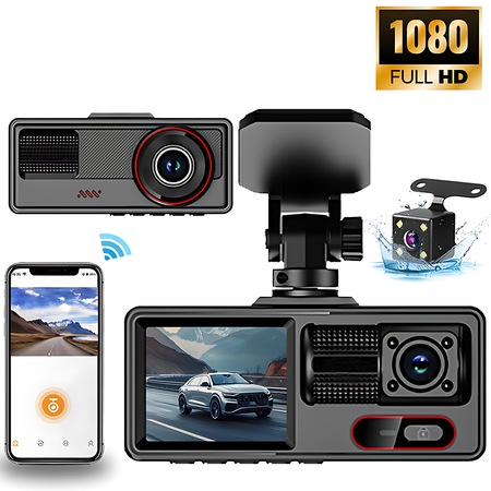 Camera auto DVR Fudisenn®, Full HD 1080p, 3 lentile, WiFi, 170°, card ...