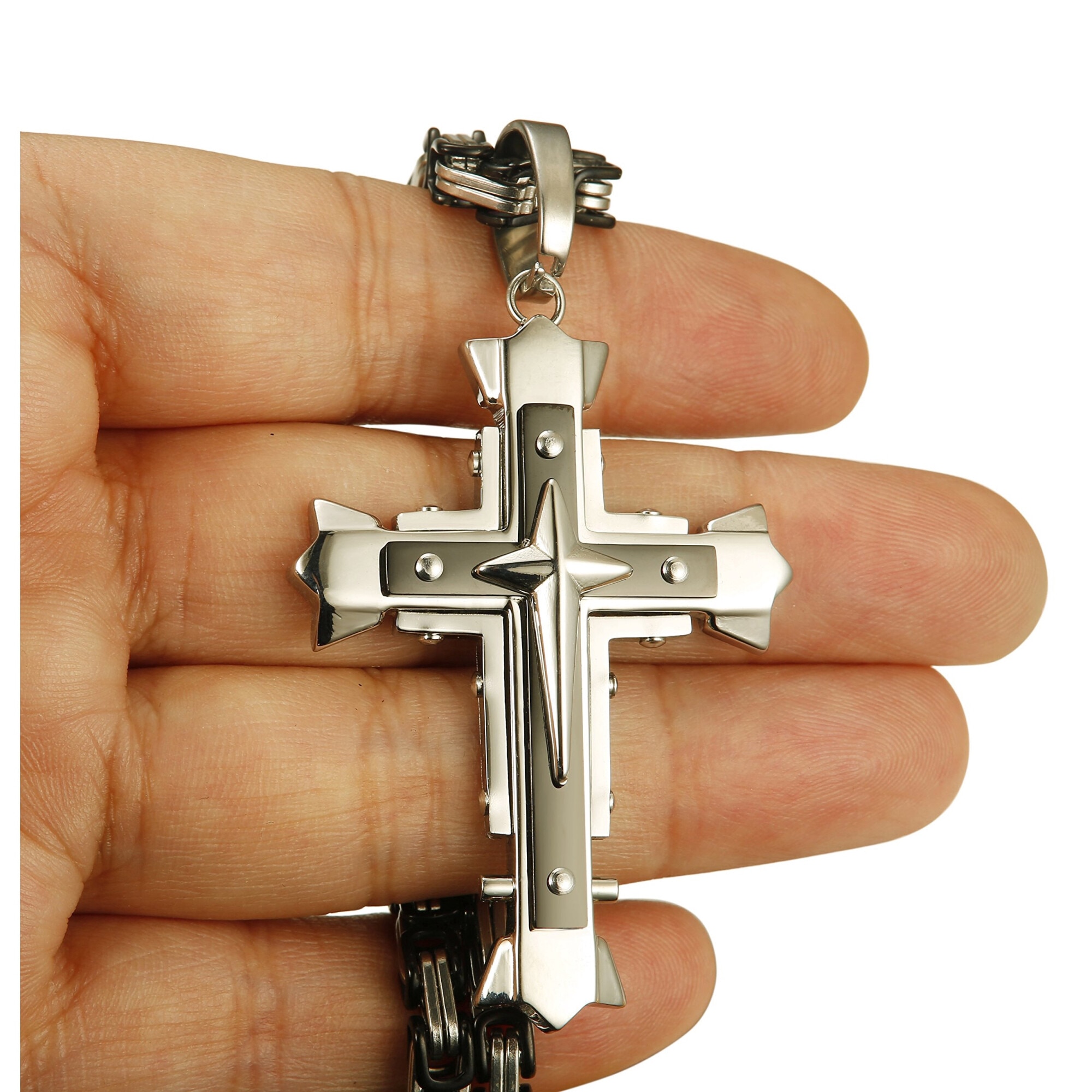 Colier barbati, pandantiv cruce, lant bizantin, inox, 22-30 inch - eMAG.ro