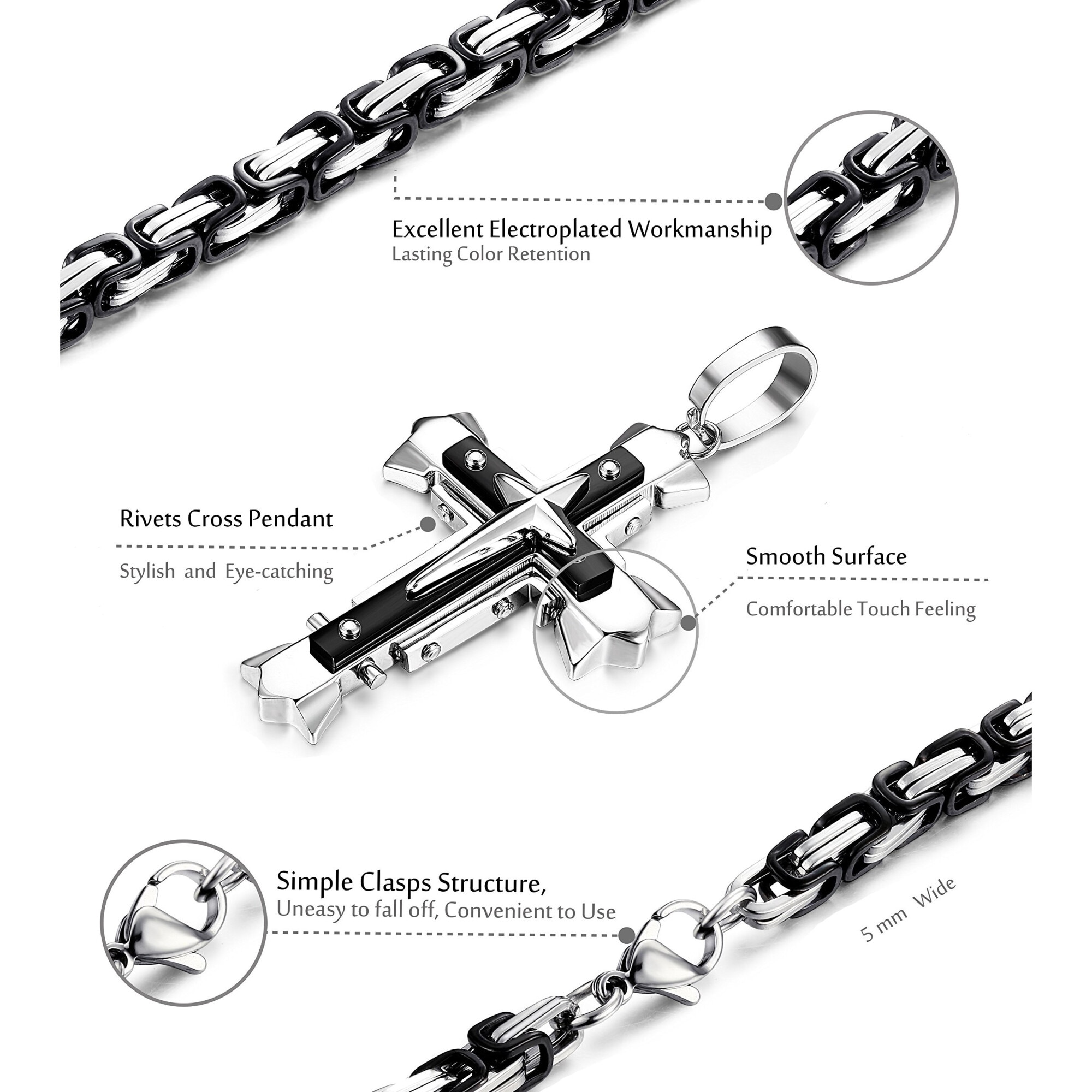 Colier barbati, pandantiv cruce, lant bizantin, inox, 22-30 inch - eMAG.ro