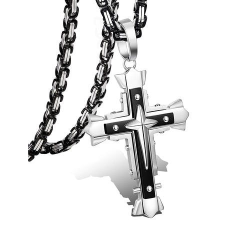 Colier barbati, pandantiv cruce, lant bizantin, inox, 22-30 inch - eMAG.ro