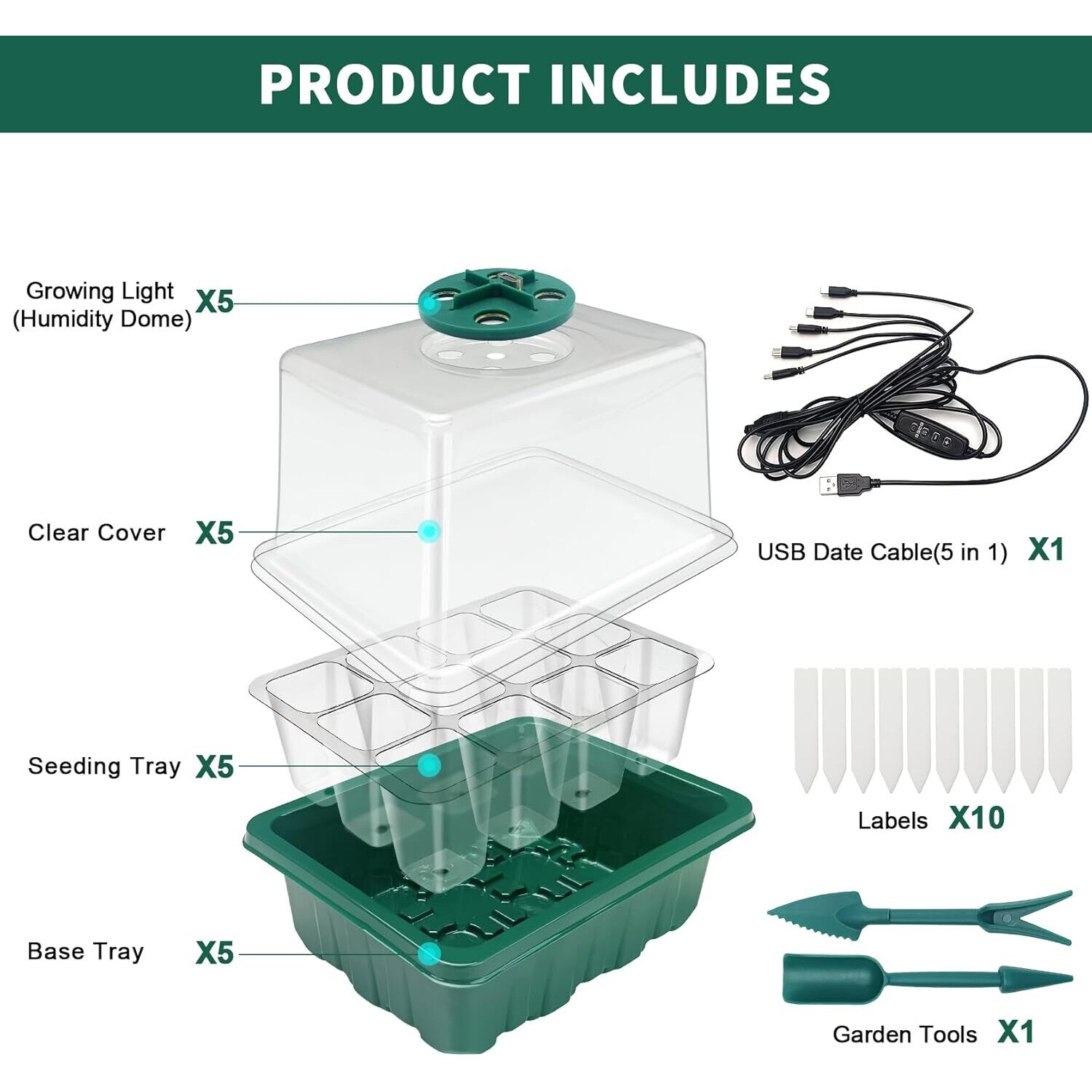 Set de germinare DOUUCO cu lumina, 5 tavite, capac inaltat, control ...
