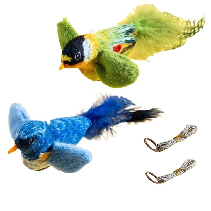 Set de 2 jucarii interactive pentru pisici, pasari cu sunete, textil ...