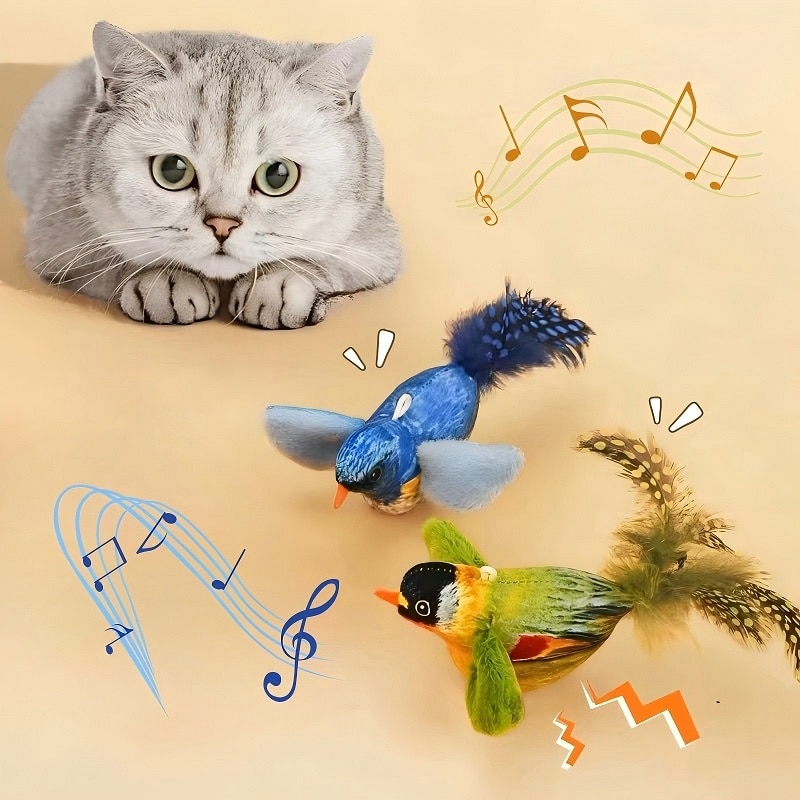 Set de 2 jucarii interactive pentru pisici, pasari cu sunete, textil ...