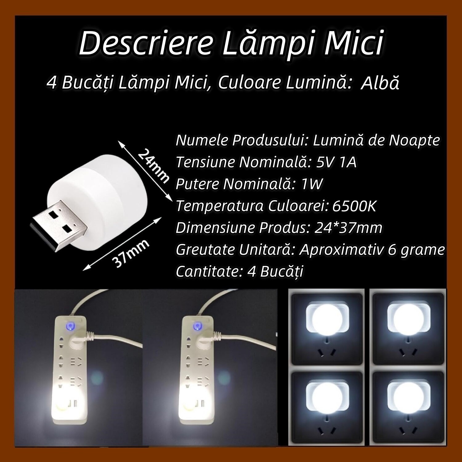 Set de 4 veioze USB, lumini nocturne mini, 3.7*2.4 cm, alb rece - eMAG.ro