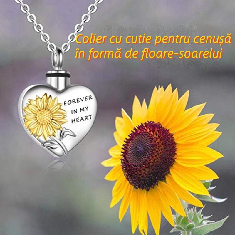 Colier memorial cubic in forma de inima, decorat cu floare de soare ...