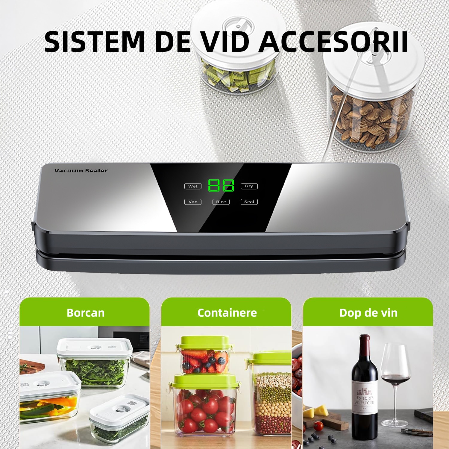 Aparat de vidat alimente, Qtenzivize, 5 functii Vid/Sigilare/Uscat/Umed, Lungime sigilare de 26 ...