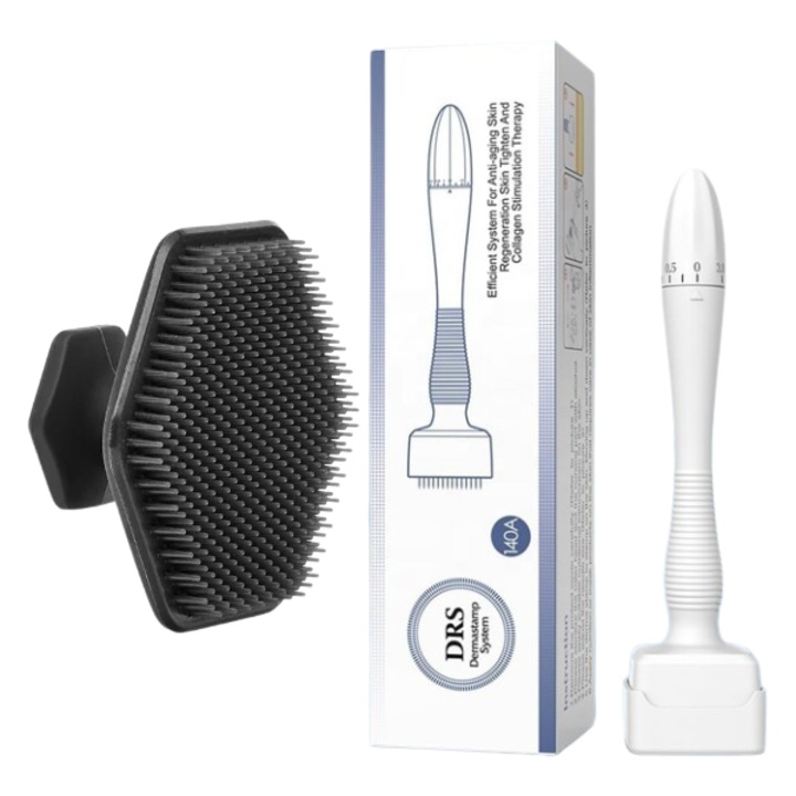 Set Dermastamp cu 140 de Ace Reglabile si Perie Exfolianta din Silicon ...