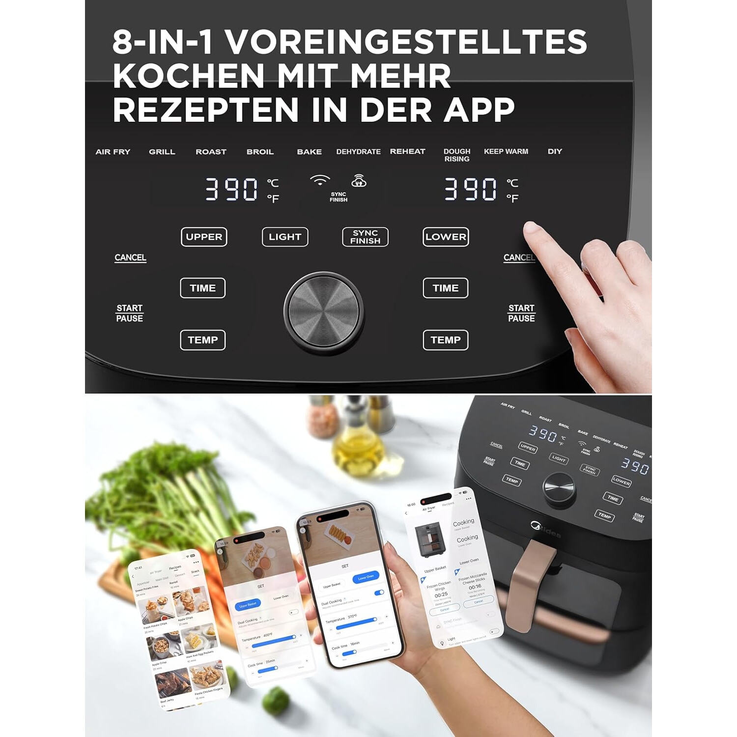 Friteuza cu aer cald Midea, Double Stack, Airfryer suprapus, Smart WiFi ...