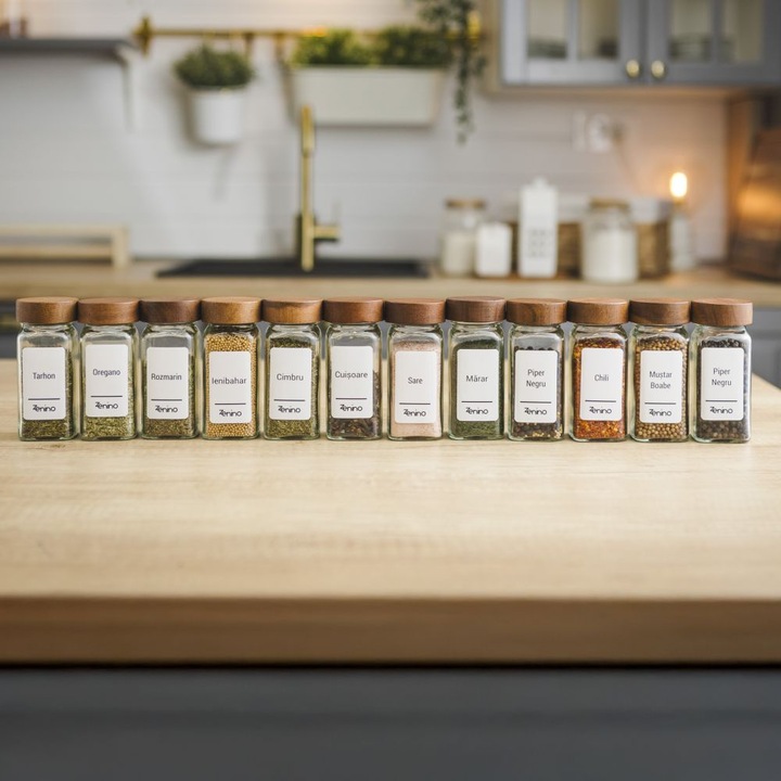 Set 24 Recipiente Condimente Zenino - Capac din Lemn de Acacia, cu ...