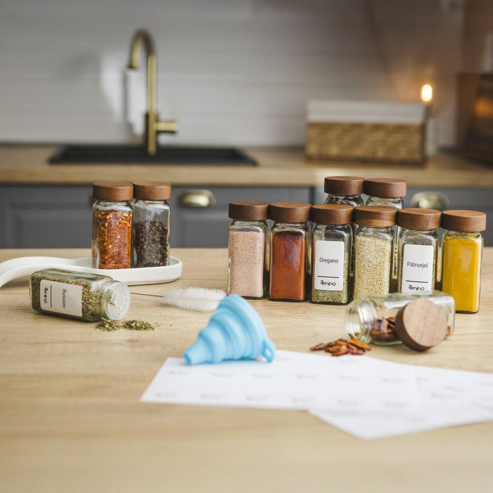 Set 12 Recipiente Condimente Zenino - Capac din Lemn de Acacia, cu ...