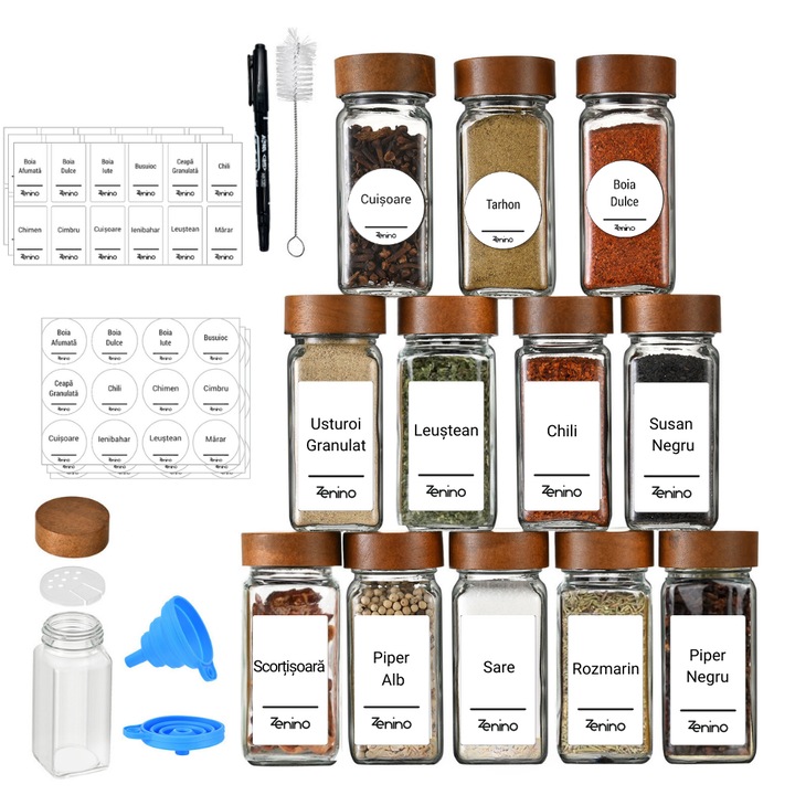 Set 24 Recipiente Condimente Zenino - Capac din Lemn de Acacia, cu ...