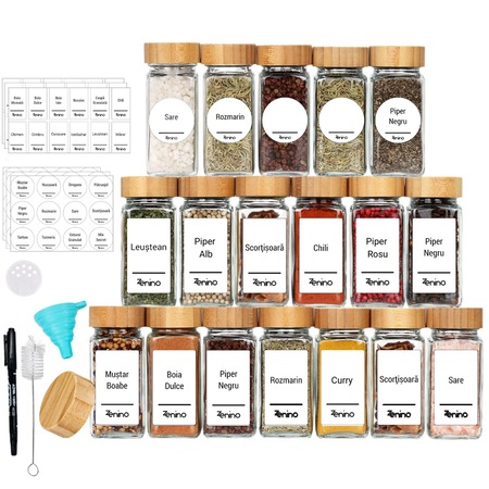 Set 24 Recipiente Condimente Zenino - Capac din Lemn de Bambus, cu ...