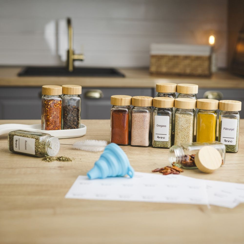 Set 24 Recipiente Condimente Zenino - Capac din Lemn de Bambus, cu ...