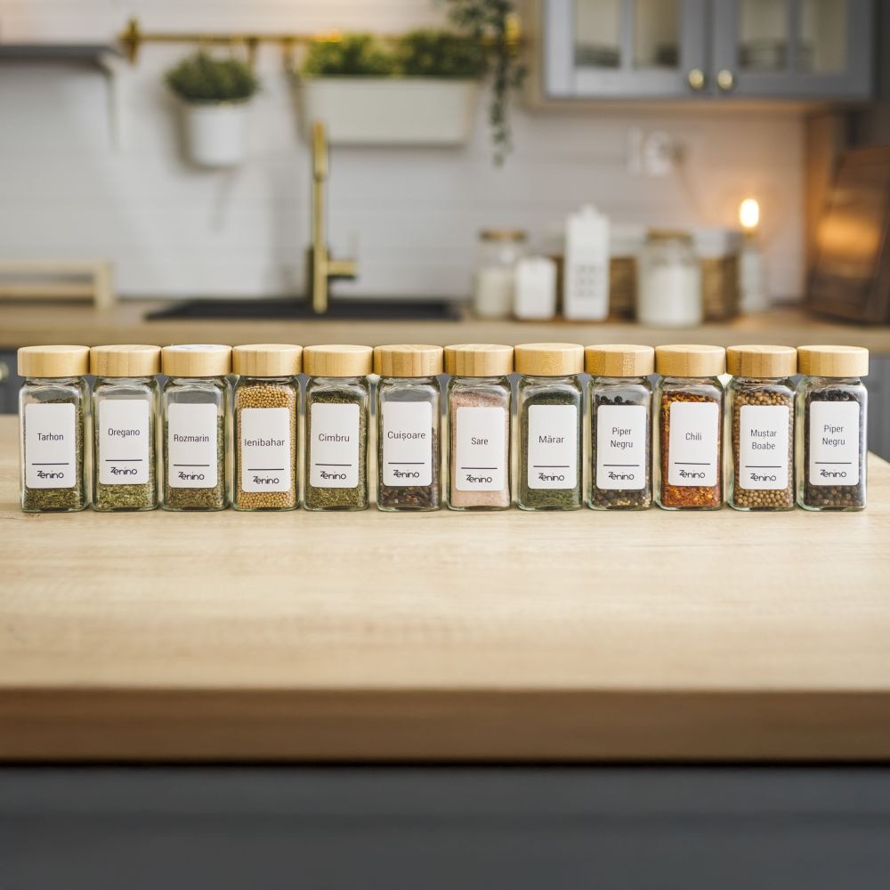 Set 12 Recipiente Condimente Zenino - Capac din Lemn de Bambus, cu ...
