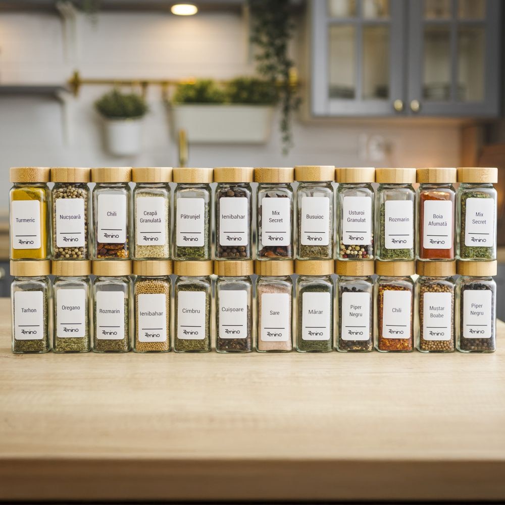 Set 24 Recipiente Condimente Zenino - Capac din Lemn de Bambus, cu ...