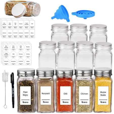 Set 12 Recipiente Condimente Zenino - Capac din Aluminiu, cu Etichete ...