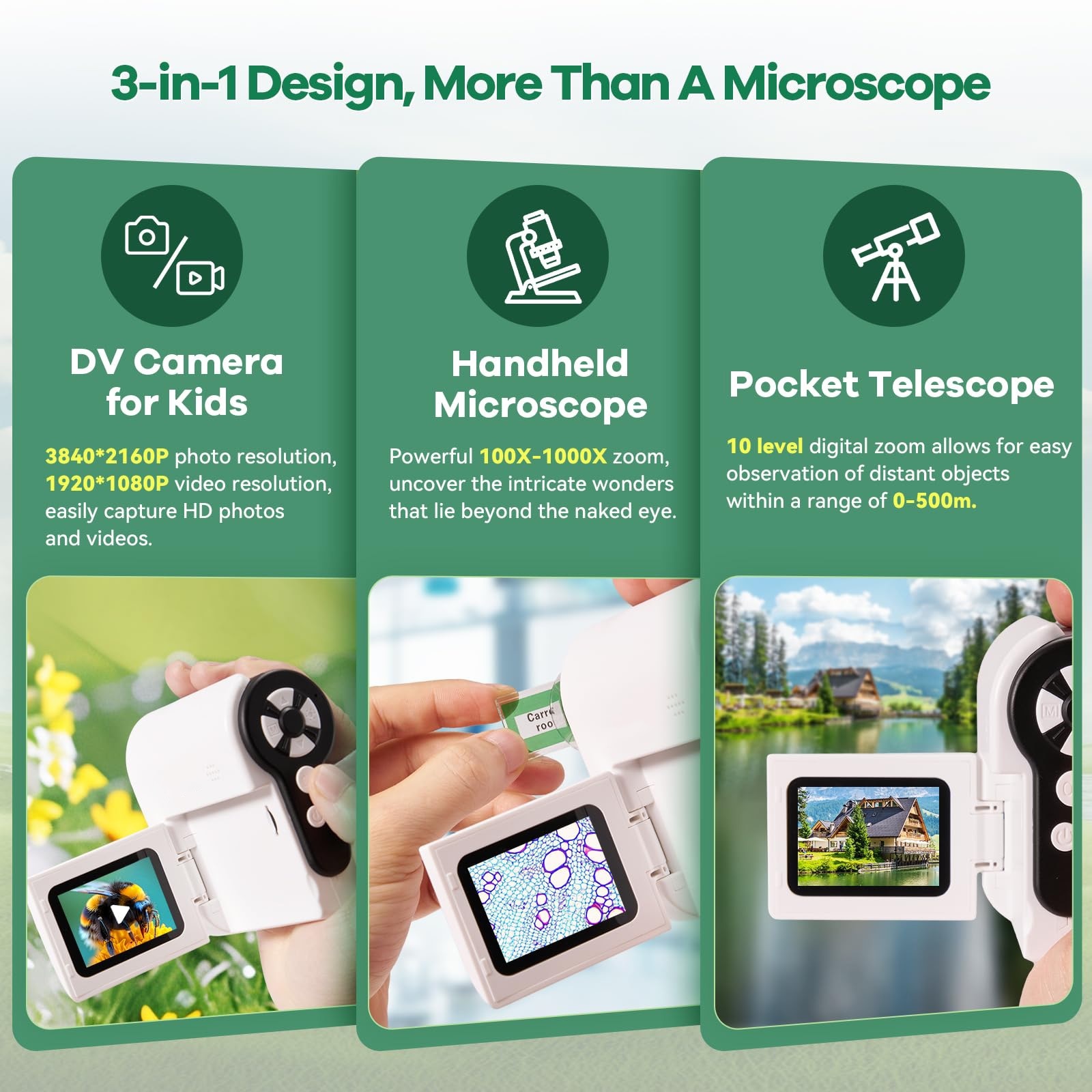 Microscop 3-in-1 pentru copii, microscop portabil IPS de 2 inchi, 100X ...