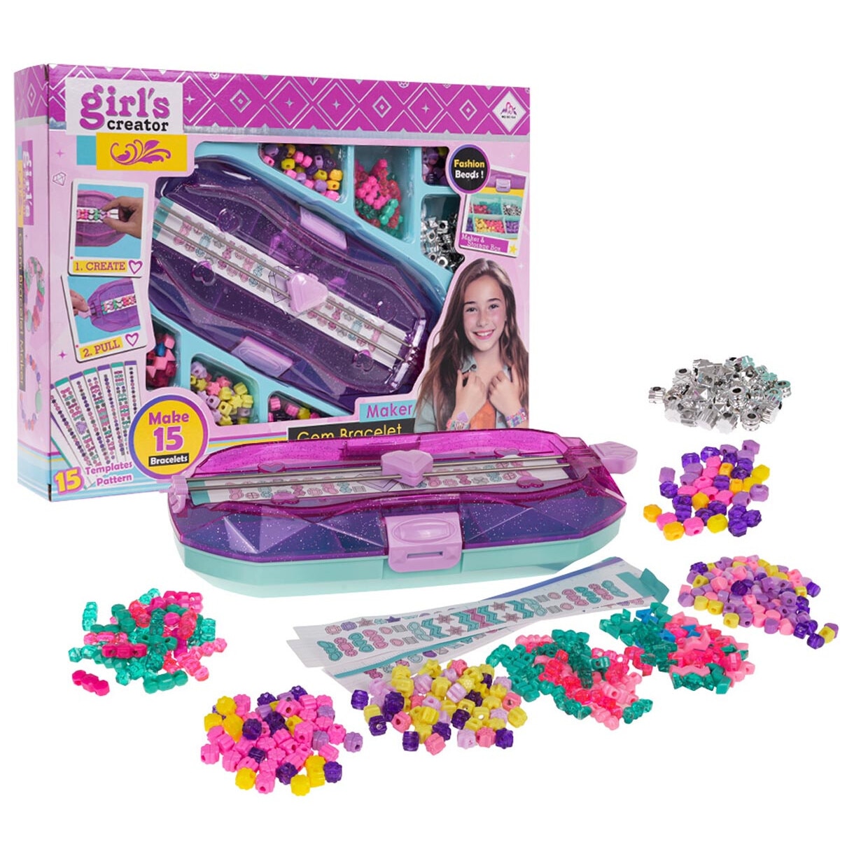 Set de bratari pentru copii, 400 de margele colorate, 15 modele, 28x11 ...