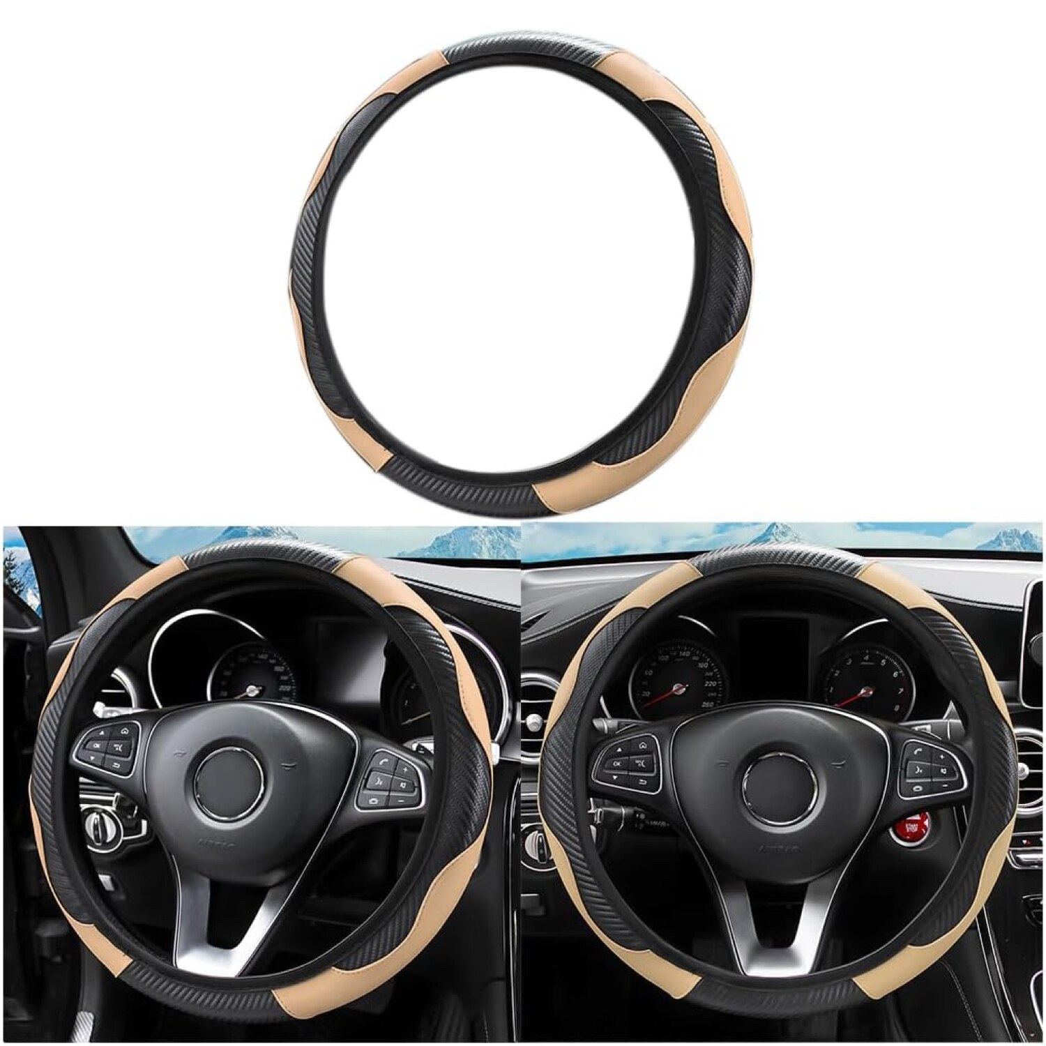 Husa volan din piele naturala bej, design modern, fixare sigura ...