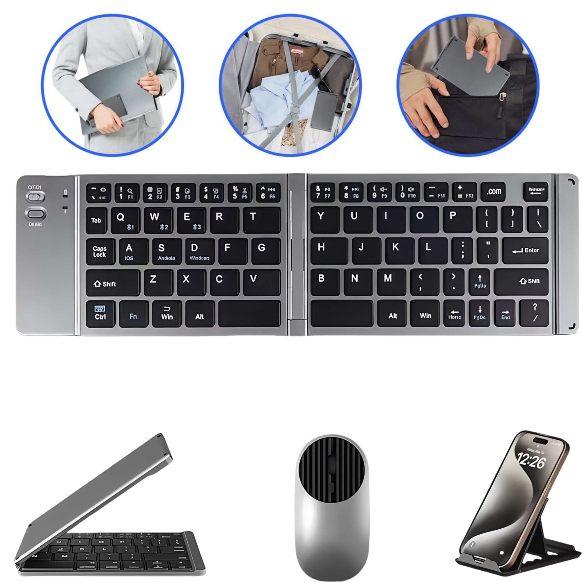 Tastatura pliabila Bluetooth, RorAem, tastatura si mouse pliabil cu 3 ...
