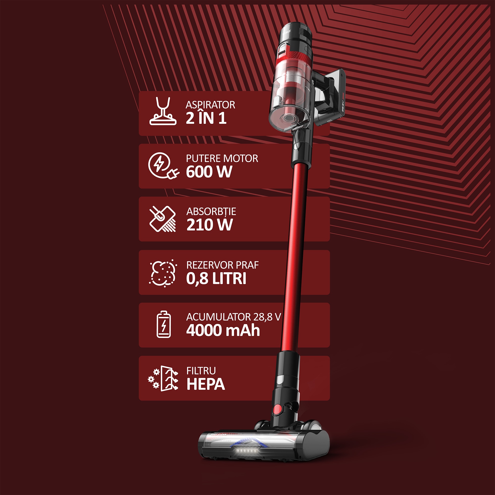 Aspirator vertical fara fir 2 in 1 Samus Hurricane Max Pro, Gri -Rosu - eMAG.ro