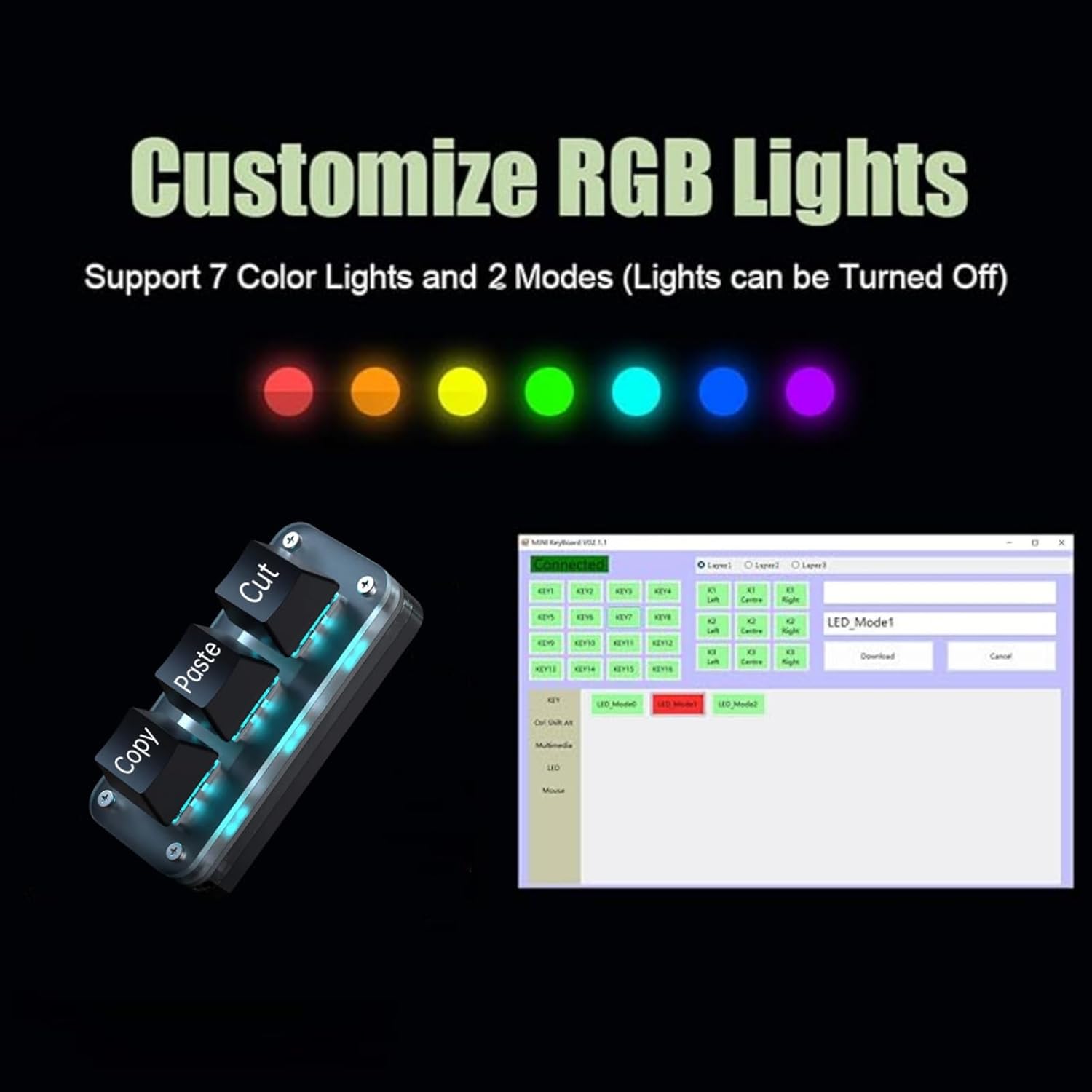 Mini programozható mechanikus billentyűzet, 3 RGB billentyű, makró ...