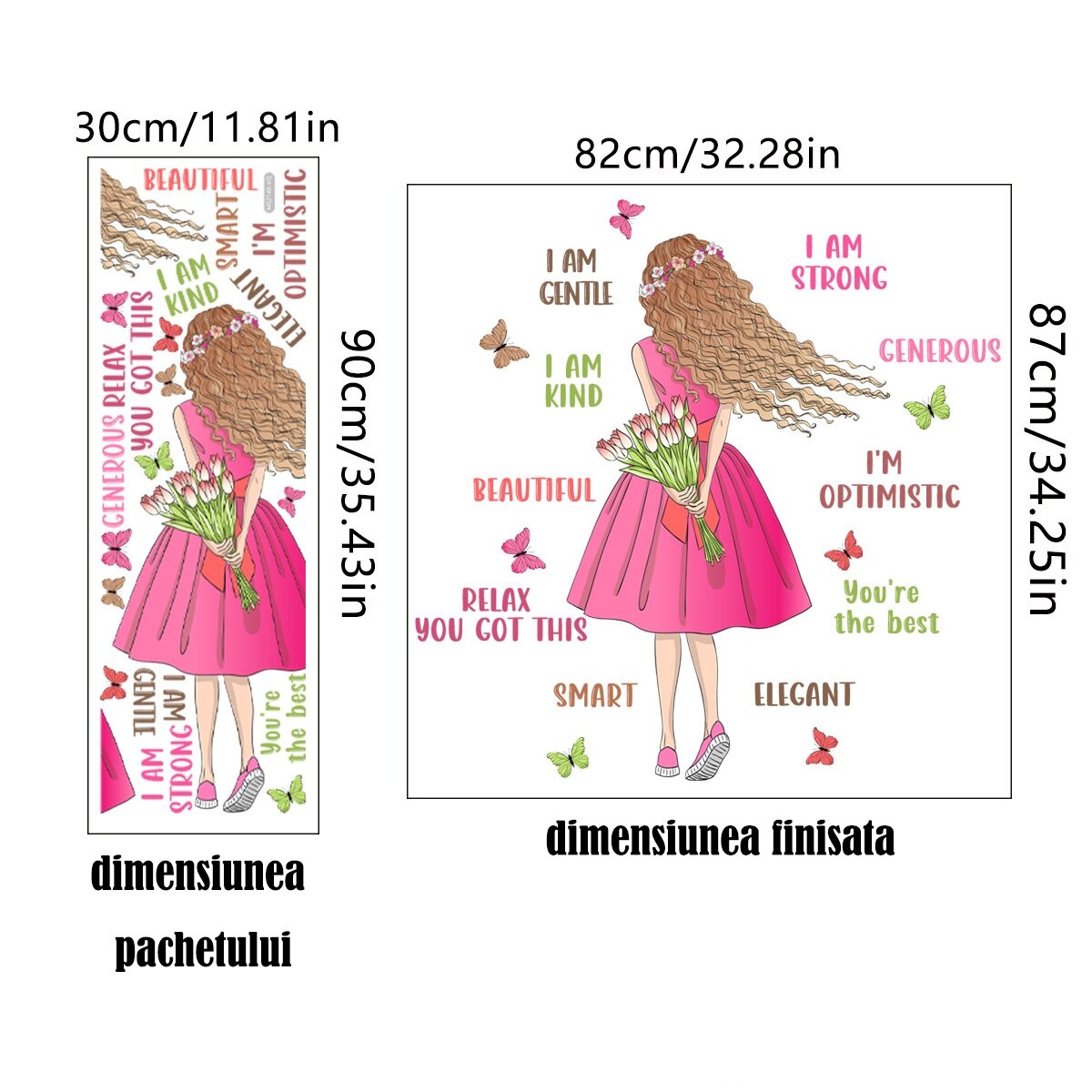 Autocolant decorativ pentru perete, Feicaeesa, fetita si fluture, roz ...