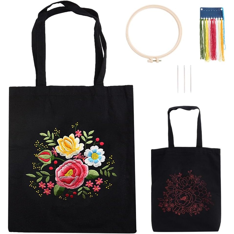 Kit de broderie, IMOUNTOP, geanta din panza cu model floral, set ...