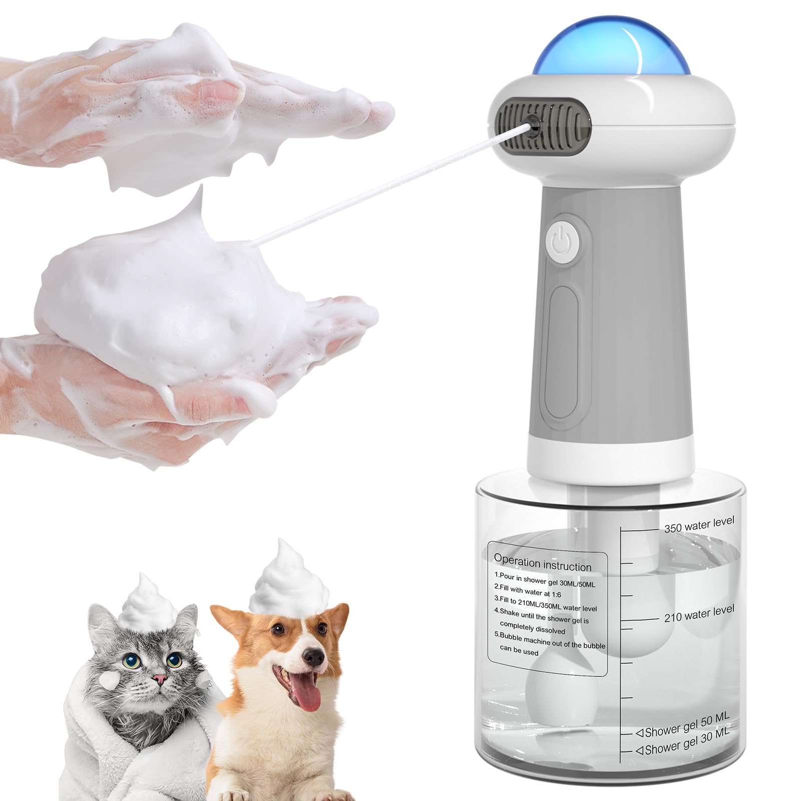 Dispenser spuma electrica pentru caini si pisici, WALALLA, 1200mAh, IPX7, 400ml, gri, 9x8x8cm ...