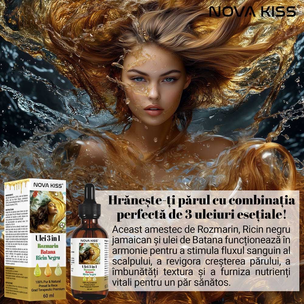 Ulei 3 in 1 Rozmarin, Batana si Ricin Negru NOVA KISS®,100% Pur & Natural, Grad Terapeutic ...