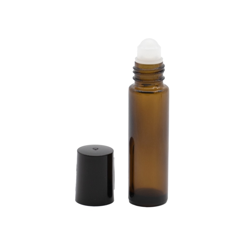 Set 10 bucati recipiente roll-on sticla maro 10 ml, bila PP si capac ...