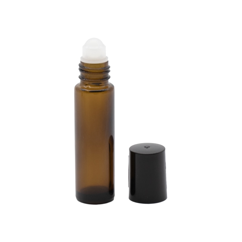 Set 10 bucati recipiente roll-on sticla maro 10 ml, bila PP si capac ...