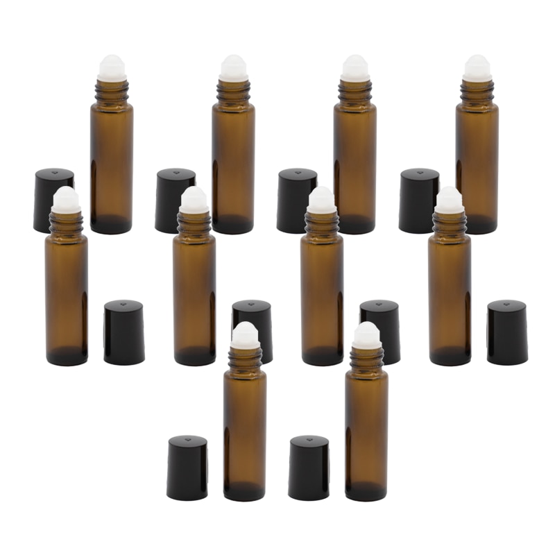 Set 10 bucati recipiente roll-on sticla maro 10 ml, bila PP si capac ...