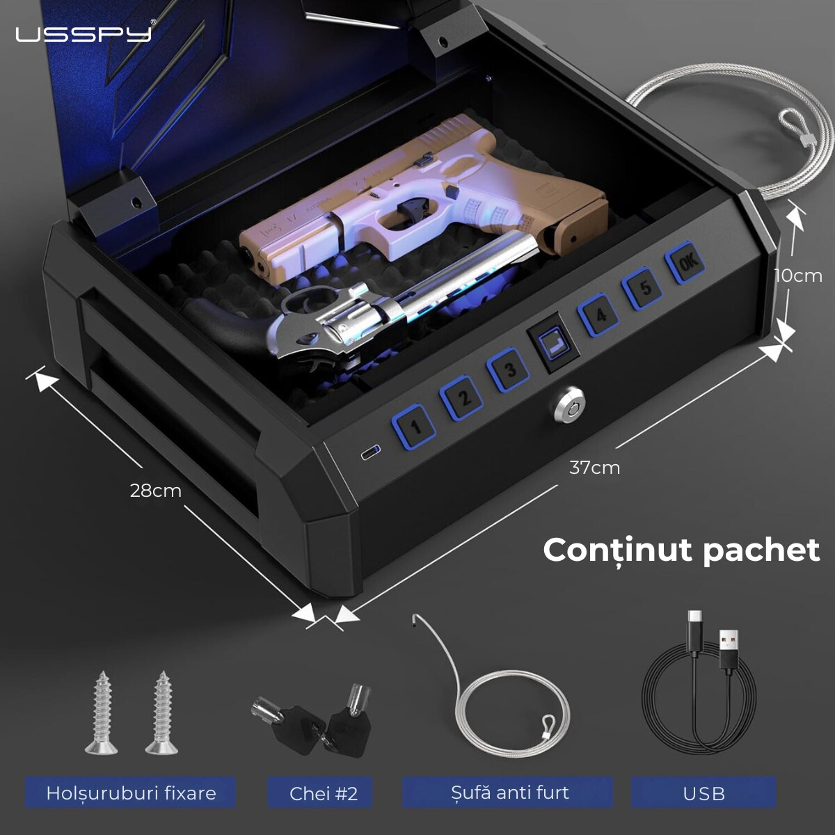 Seif cu amprenta, pin si cheie, USSPY® G5, cutie de valori pentru bani ...