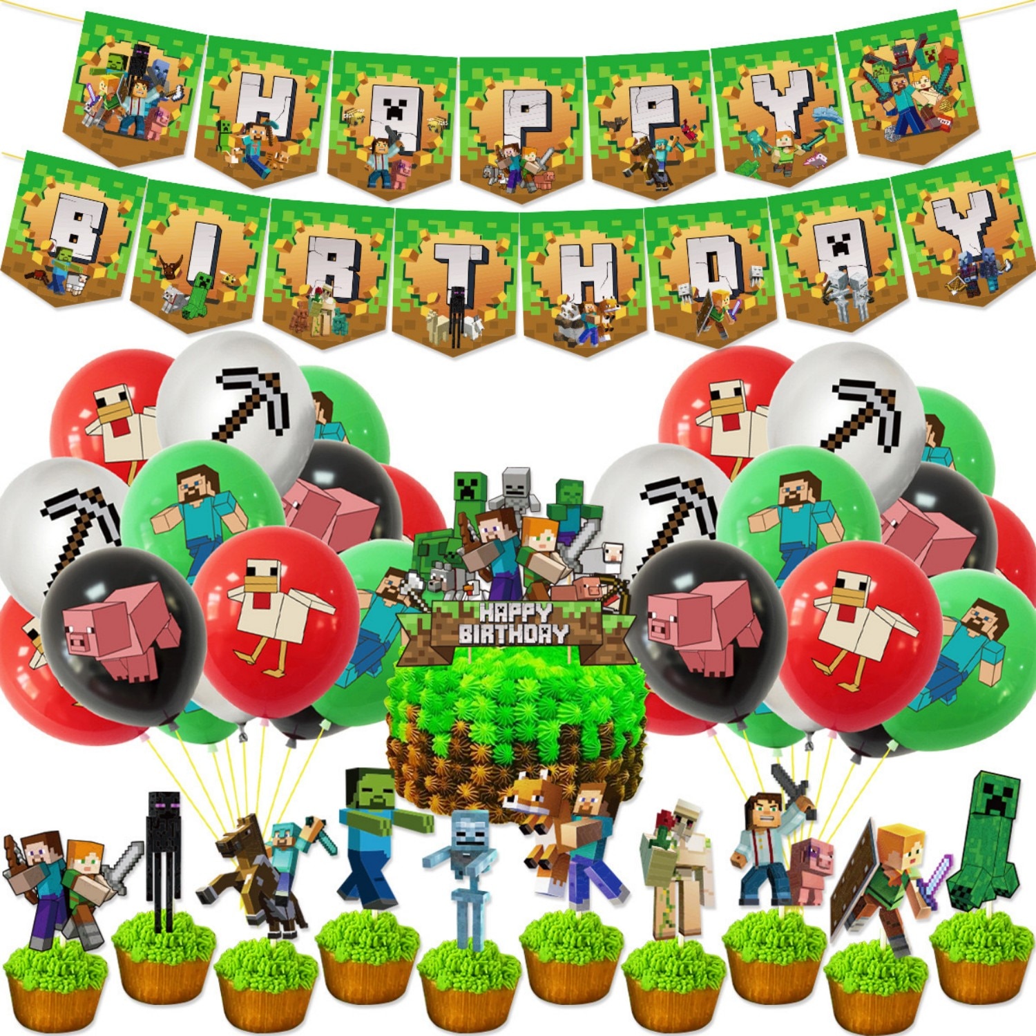 Set decoratiuni petrecere tema joc My World Pixel, Tyrael-SEA, baloane ...