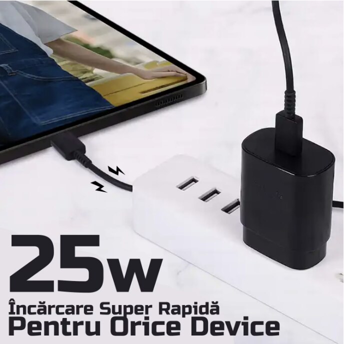 Set Incarcator 25W, cablu USB-C si Suport de Masina Universal, pentru ...