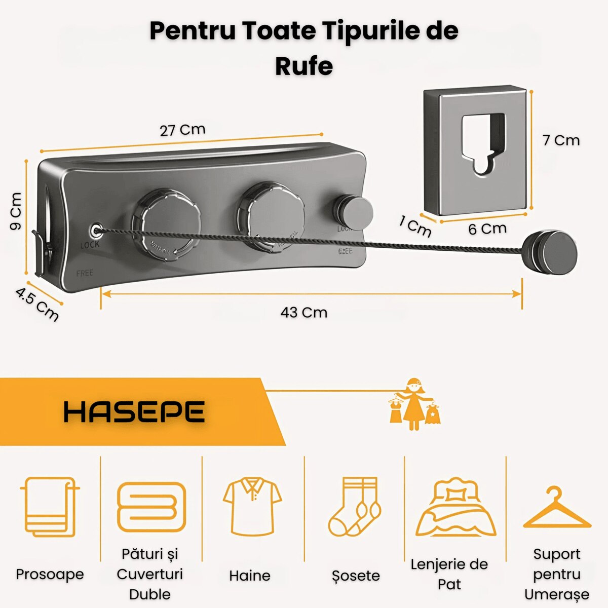 Uscator rufe retractabil HASEPE, montare pe perete, sarme haine din ...