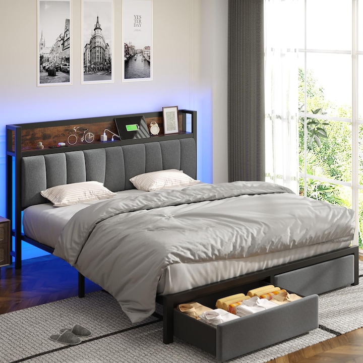 Cadru de Pat Doctor Home, 160 x 200, Stejar, Rezistenta 400 KG - Negru ...